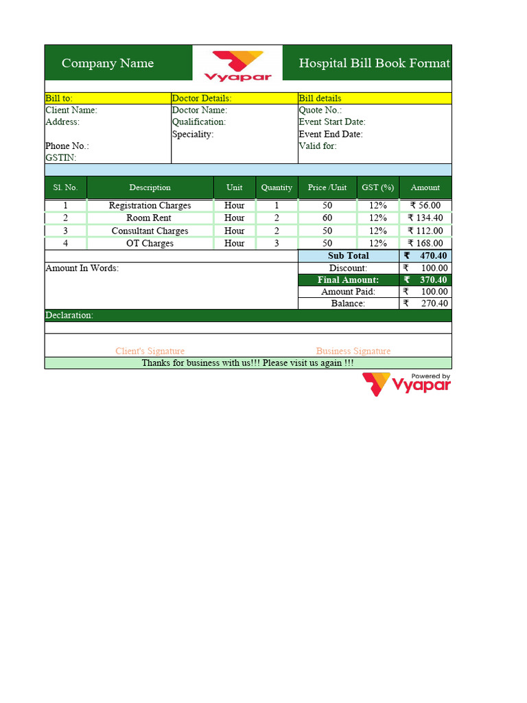 Hospital Bill Book Format 01 | PDF