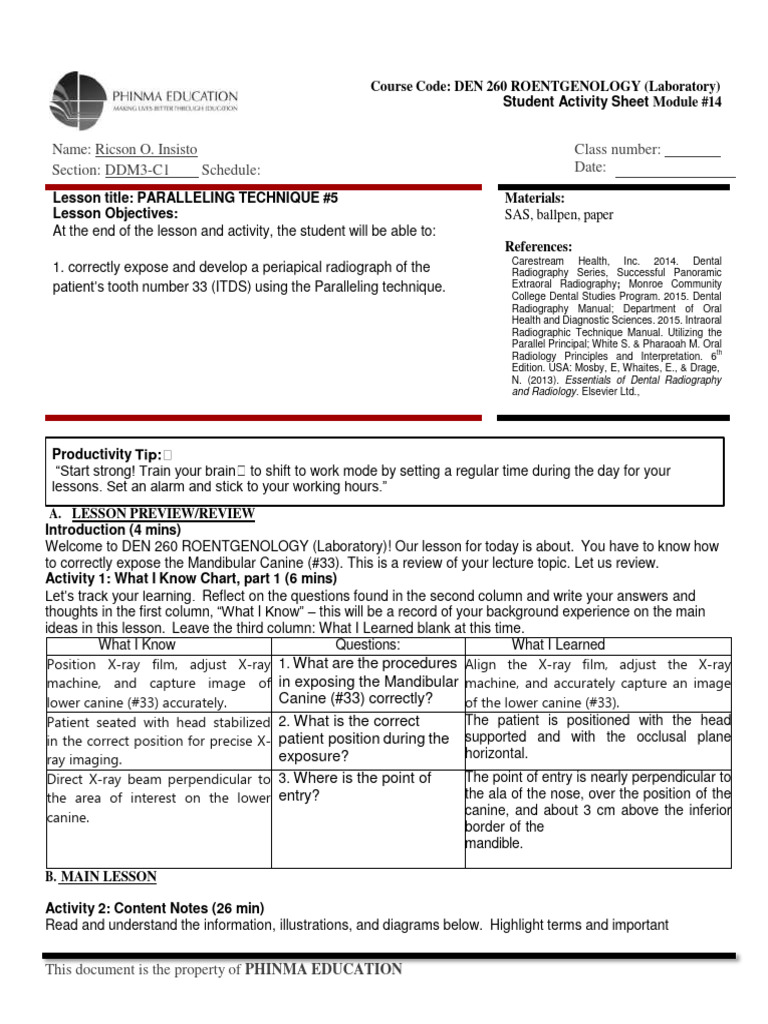 SAS DEN260 (ROENT Lab) Module14 Paralleling Technique | PDF | Dental ...