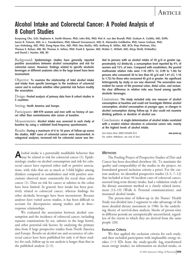 Alcohol Intake and Colorectal Cancer - A Pooled Analysis of 8 Cohort ...