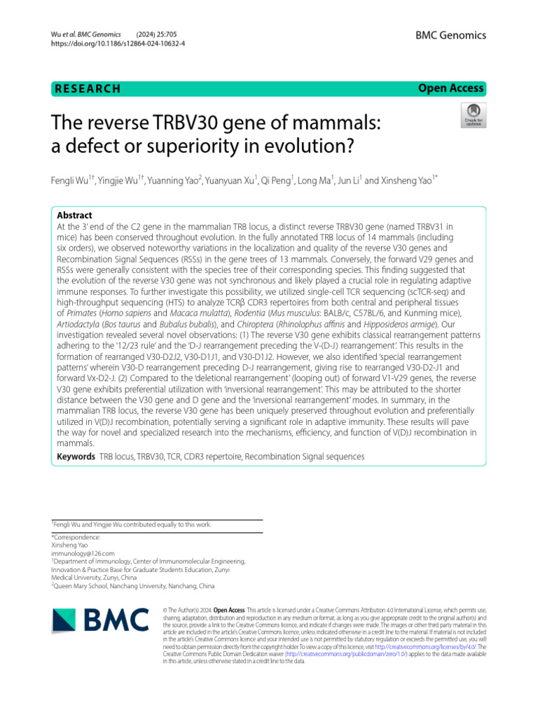 The Reverse TRBV30 Gene of Mammals: A Defect or Superiority in ...