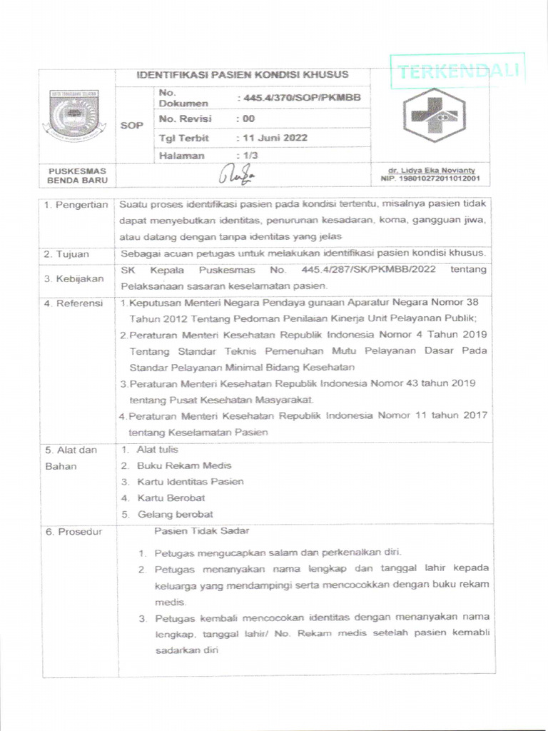 Sop Identifikasi Pasien Kondisi Khusus Revisi | PDF
