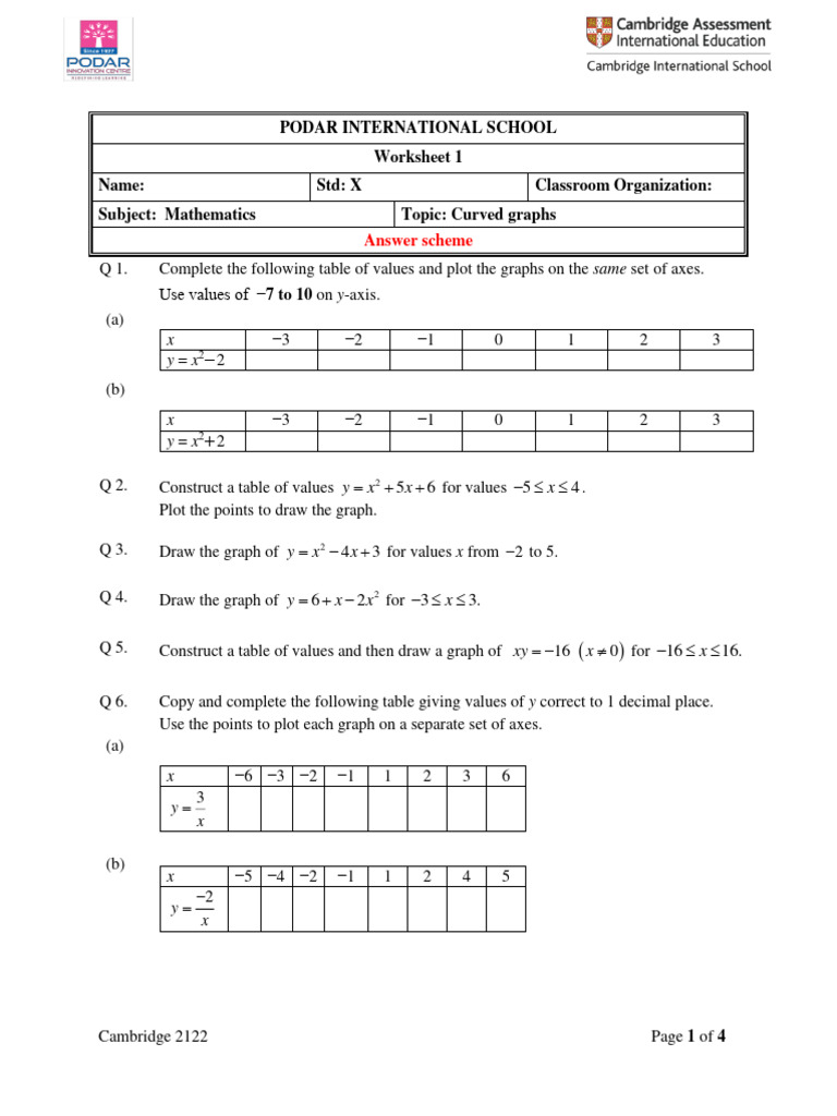 WS 1 As Cambridge X Math Curved Graphs | PDF | Quadratic Equation ...
