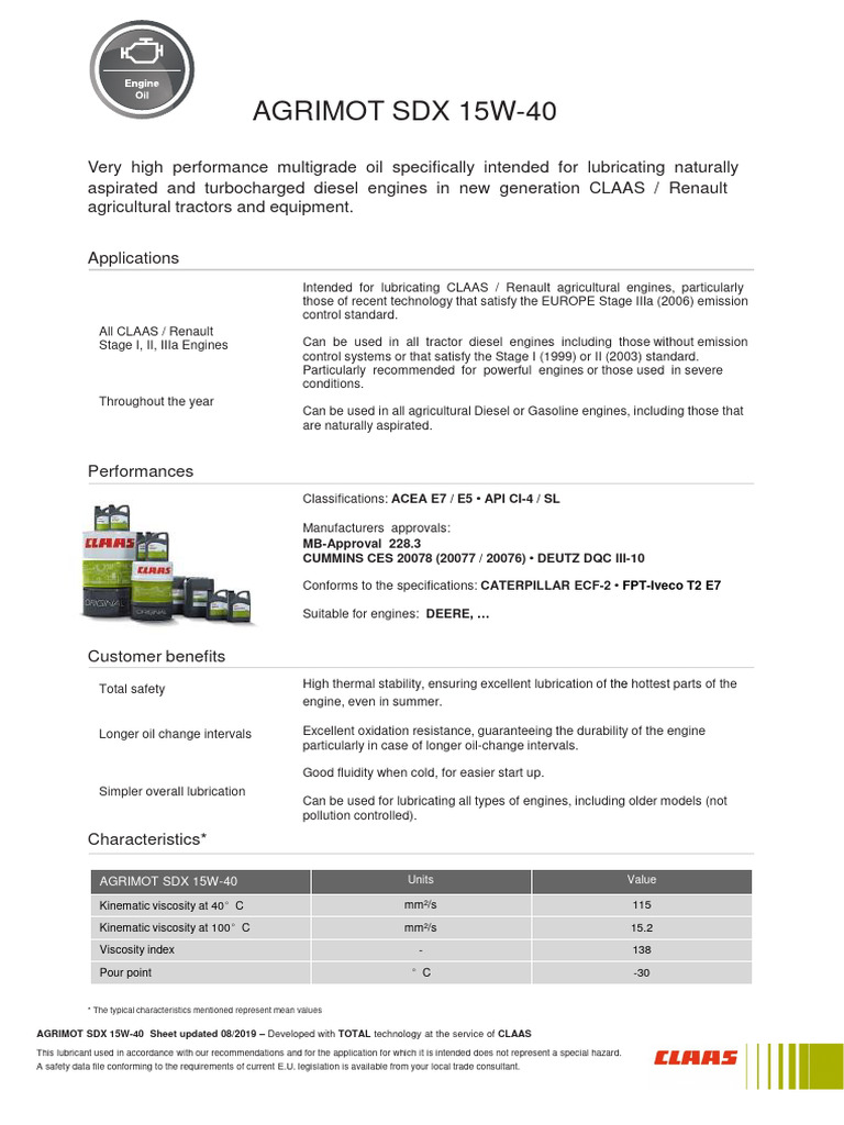 Tds Claas Agrimotsdx15w-40 Ljm 201908 En | Download Free PDF | Motor ...