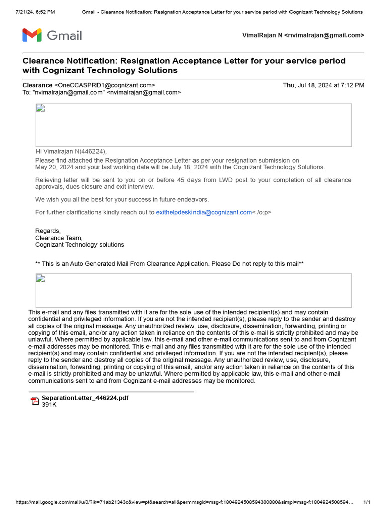 Resignation Acceptance Letter Mail | PDF | Email Address | Internet