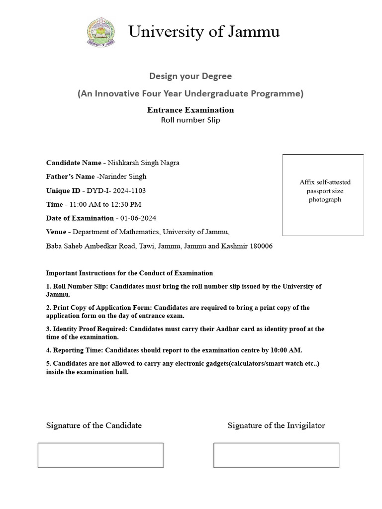 DYD Entrance Roll Number Slip | PDF