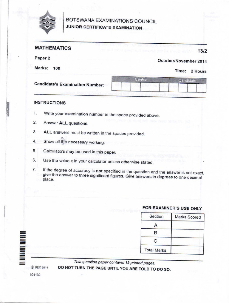 Maths Jce 2014 Paper 2 | PDF