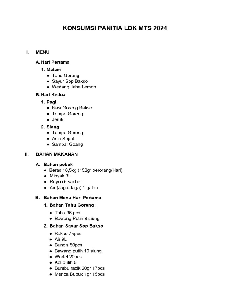 Konsumsi Panitia LDK MTS 2024 | PDF