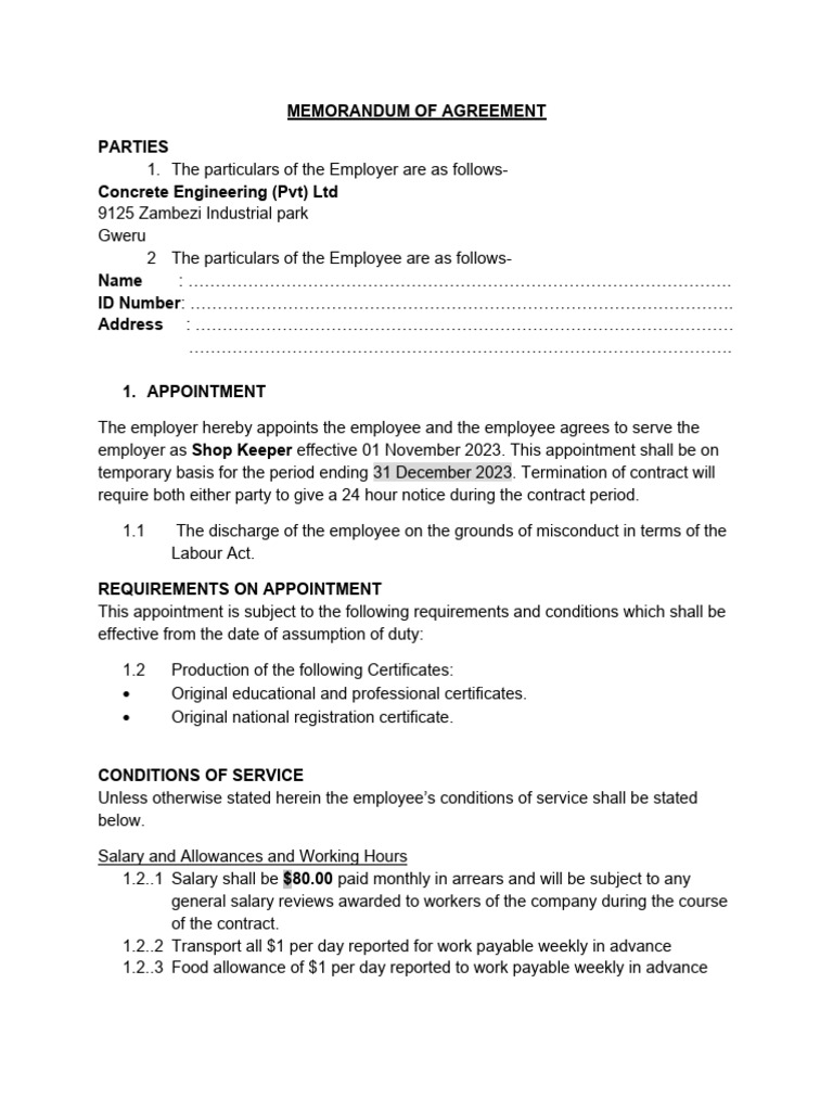 EMPLOYMENT CONTRACT - Aitaishe Mugari 2023 | PDF | Sick Leave | Employment