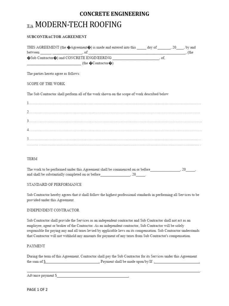 Concrete Engineering Subcontractor Agreement | PDF | Employment ...