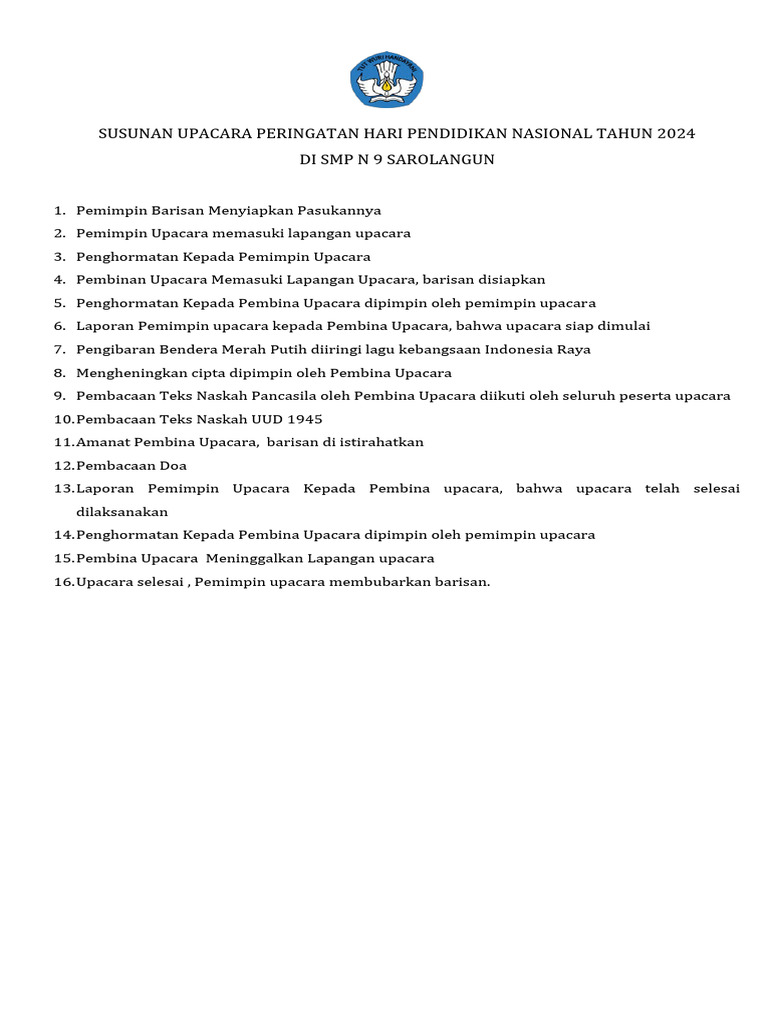 SUSUNAN UPACARA PERINGATAN HARI PENDIDIKAN NASIONAL TAHUN 2024 | PDF