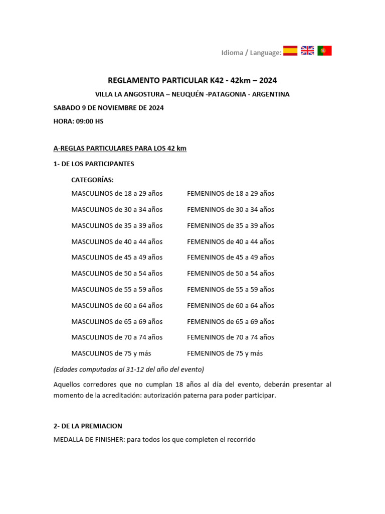 Reglamento K42 42km Villa La Angostura 2024 | PDF