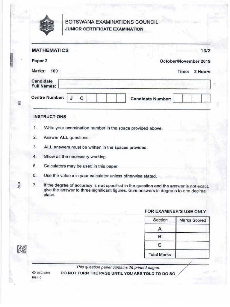 Maths Jce 2019 Paper 2 | PDF