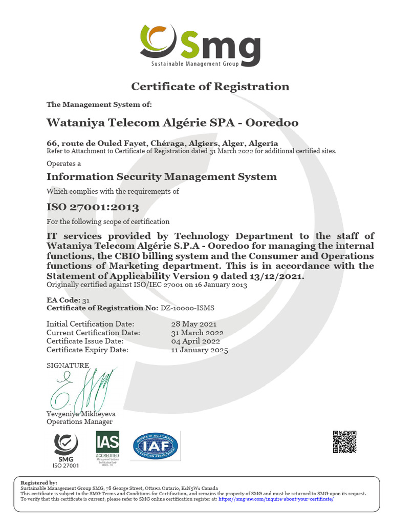 DZ-10000-ISMS - RR - EN - Certificate - ISO-IEC 27001 - Wataniya - QR Code | PDF