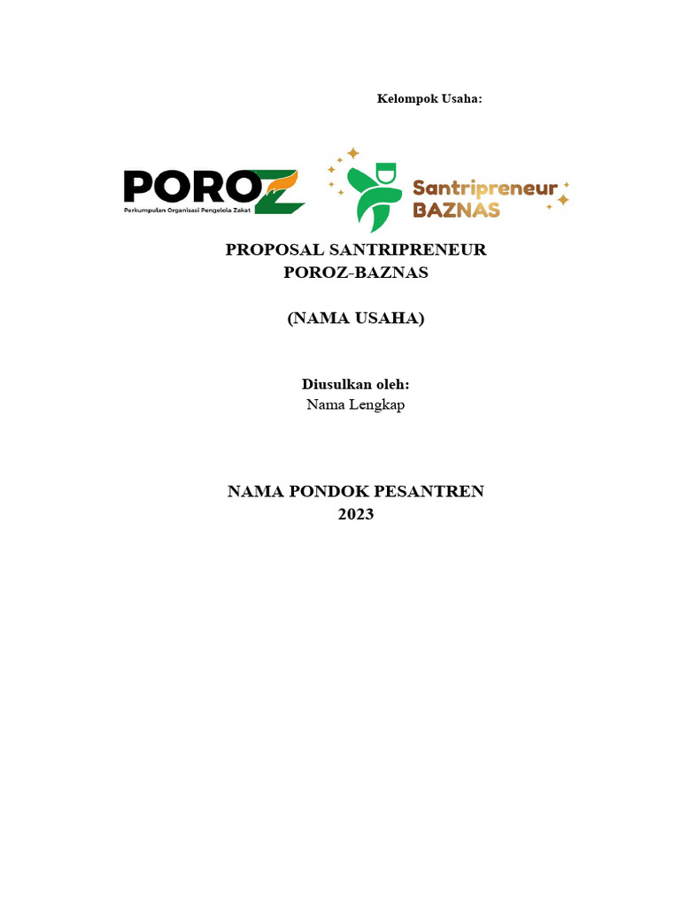 Format Proposal Bisnis Plan - Santripreneur - POROZ BAZNAS | PDF ...
