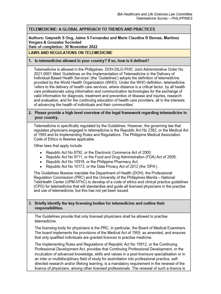 IBA Healthcare and Life Sciences Law Committee Telemedicine Survey ...