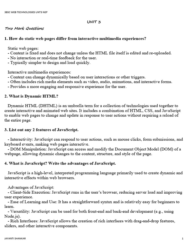 3BSC Web Unit3 - 052433 | PDF | Dynamic Html | Java Script 3BSC Web Unit3 - 052433 | PDF | Dynamic Html | Java Script