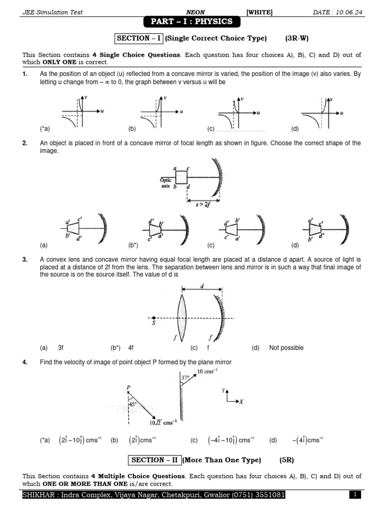 PCM Test Paper (White) (With Answers) 10.06.24 | PDF | Ellipse | Mirror