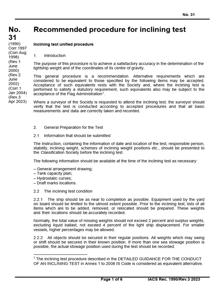 Inclining Test Procedure Guidelines | PDF | Weight | Pendulum