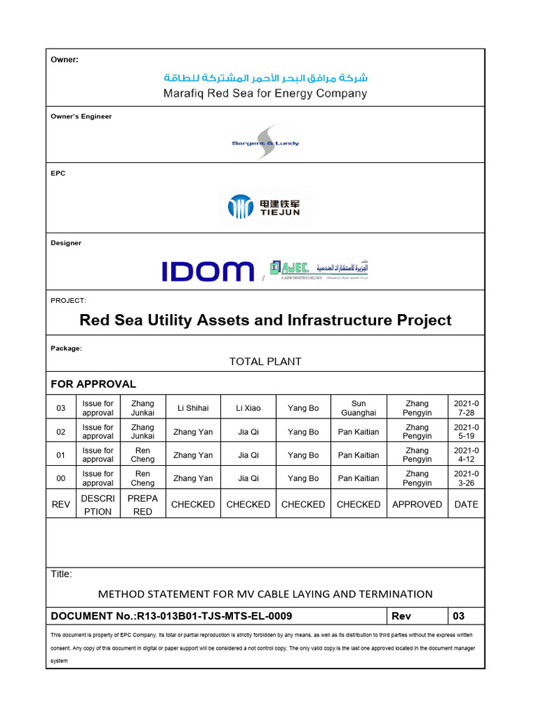 R13-013B01-TJS-MTS-EL-0009 - Rev03 METHOD STATEMENT FOR MV CABLE LAYING AND TERMINATION | PDF ...