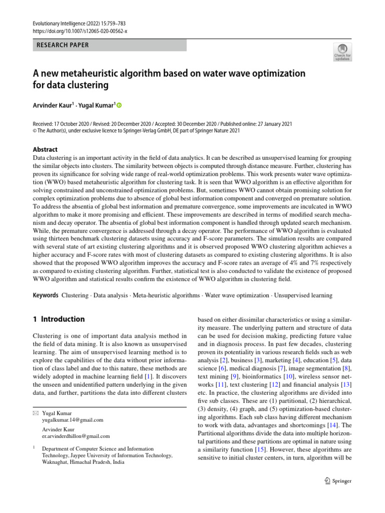 A New Metaheuristic Algorithm Based On Water Wave Optimization For Data Clustering | PDF ...