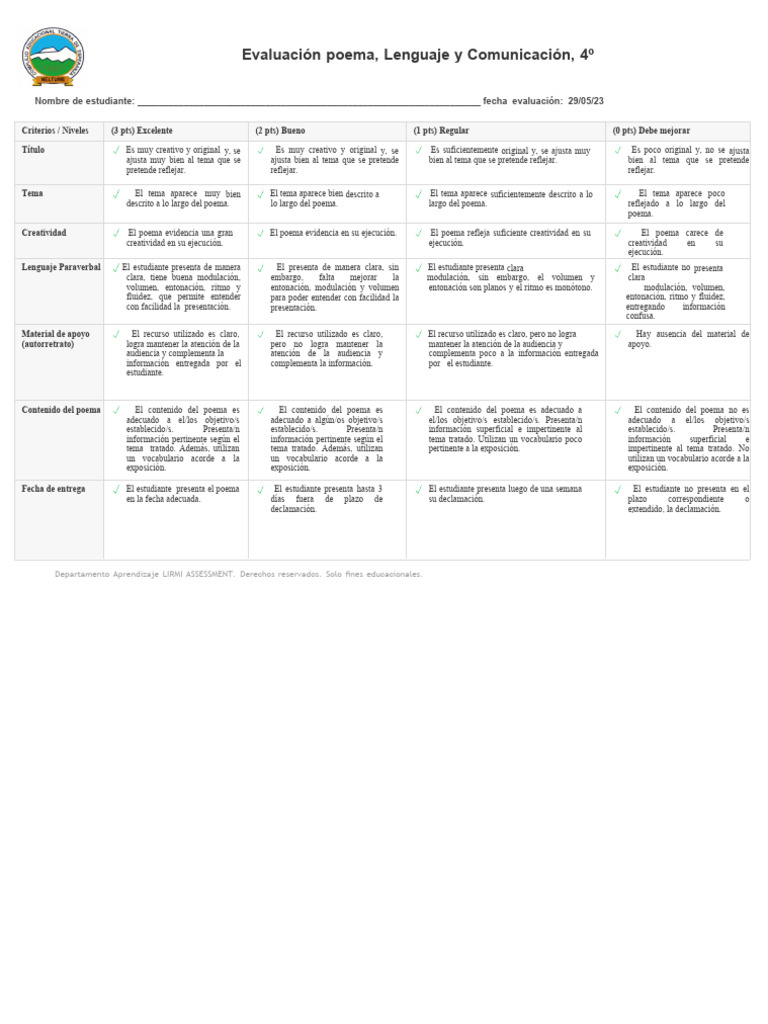 Rúbrica Poema Lenguaje y Comunicación - 3° | PDF | Cognición | Aprendizaje