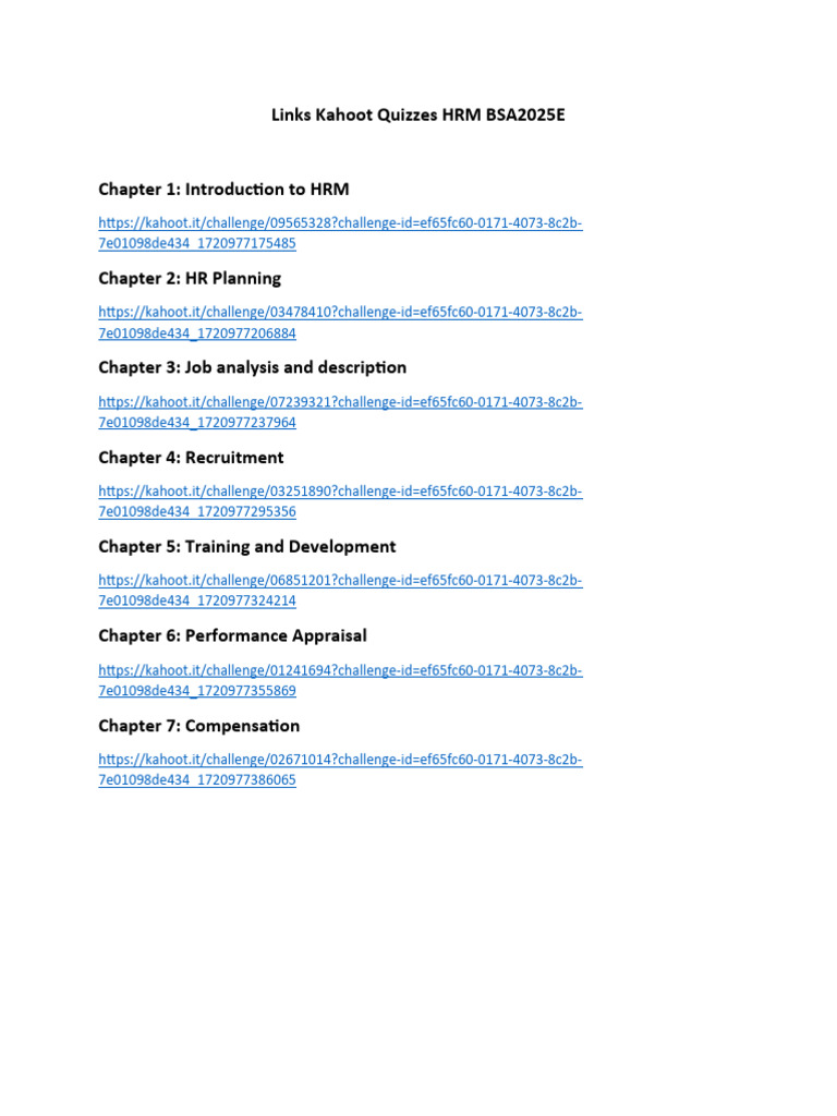 Kahoot Quizzes for HRM BSA2025E | PDF | Business