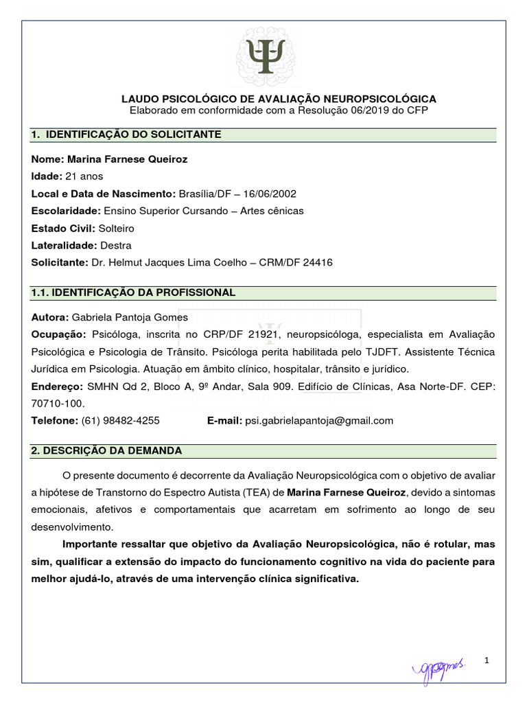 Laudo Neuropsicológico - Marina Farnese Queiroz Martins | PDF | Psicologia | Aprendizado