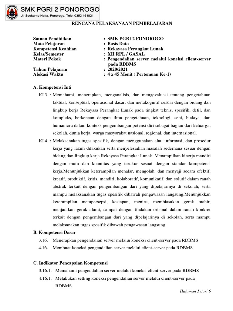 RPP Basis Data: Koneksi Client-Server | PDF | Seni | Komputer