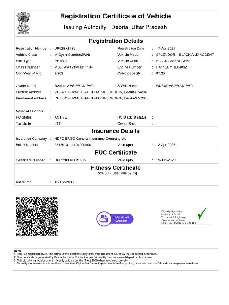 Vehicle Registration Certificate UP | PDF | Vehicles