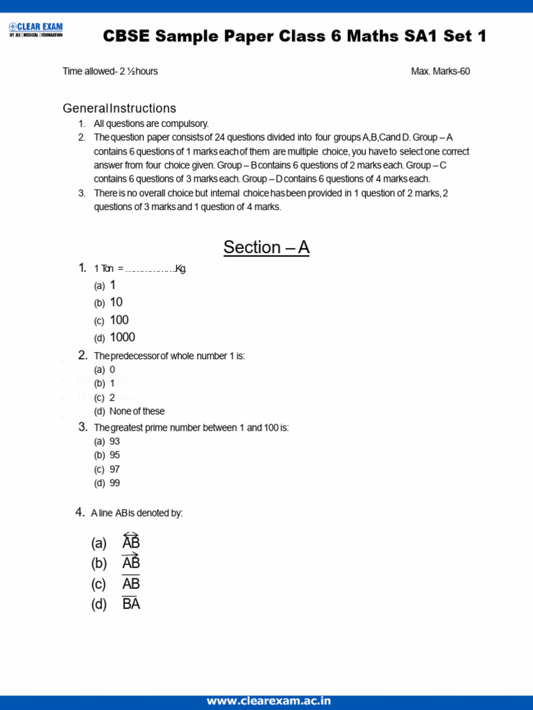 CBSE Sample Paper Class 6 Maths SA1 Set 1 | PDF | Triangle ...