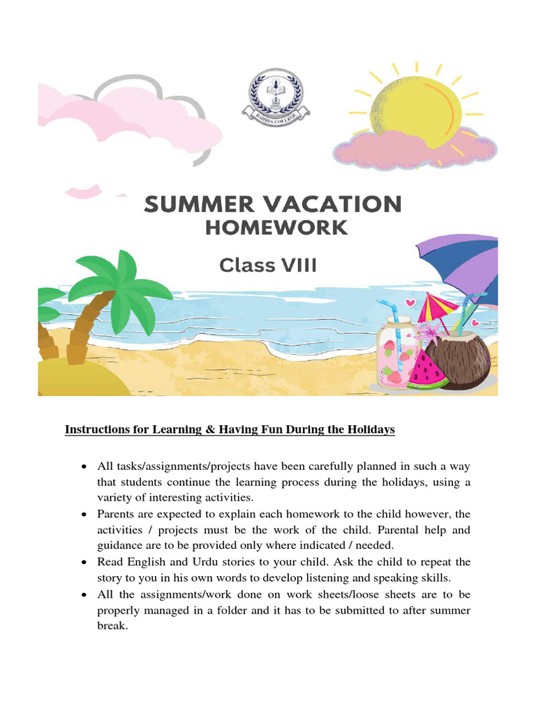 VIII Summer Vaction Work 2024 | PDF | Homework | Learning
