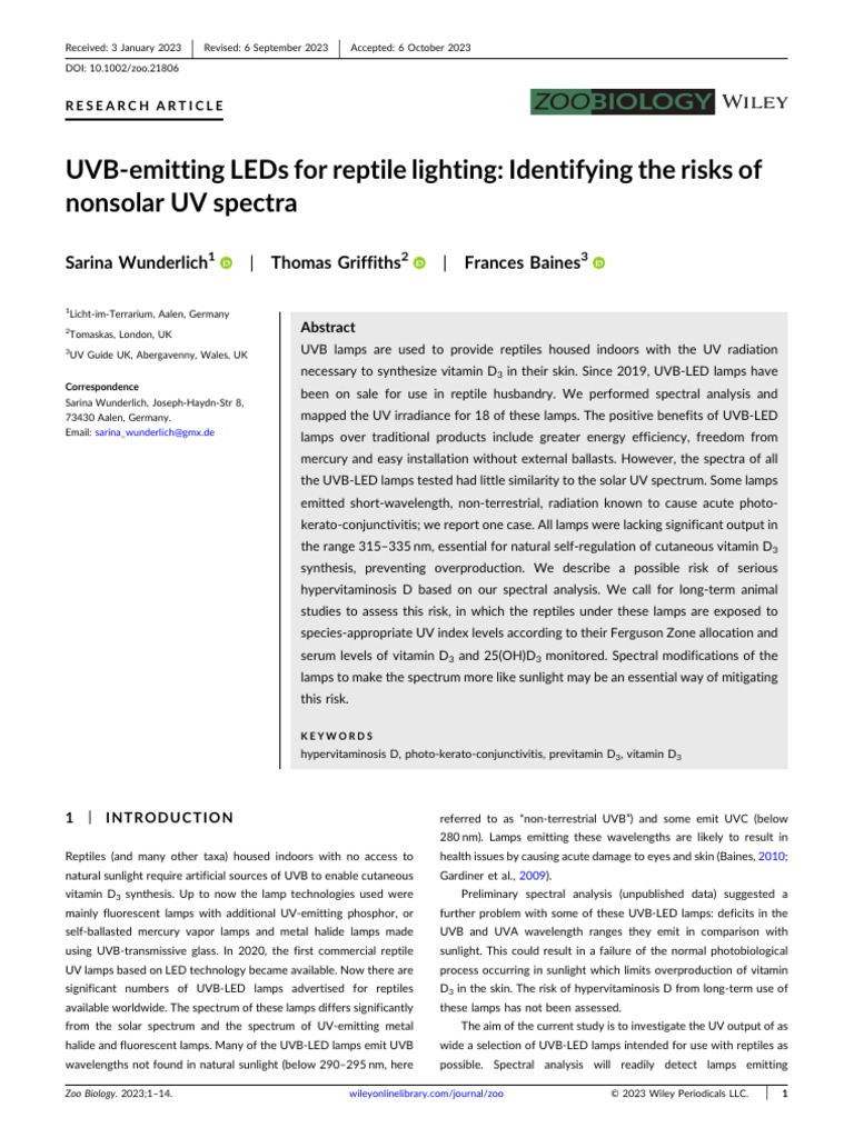 (2023) UVB Emitting LEDs For Reptile Lighting - Identifying The Risks of Nonsolar UV Spectra ...