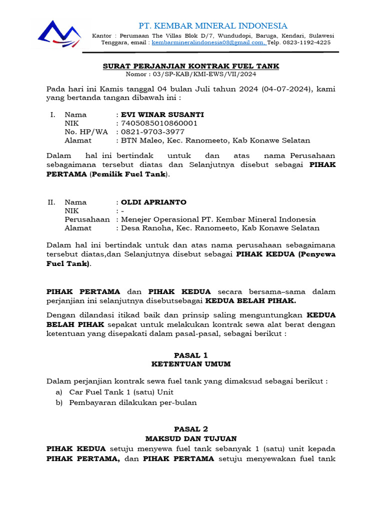 Perjanjian Car Fuel Tank - Om Supi 1 Unit | PDF | Teknologi & Rekayasa