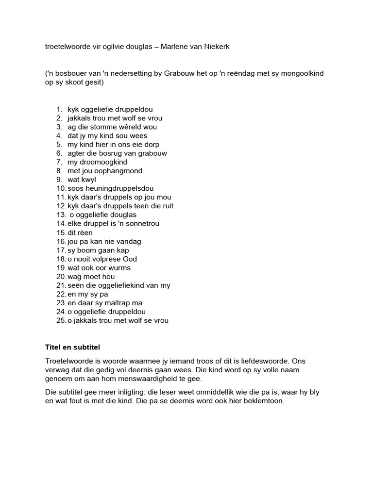 Afrikaans HT Graad 10 Troetelwoorde Vir Ogilvie Douglas Ontleding | PDF