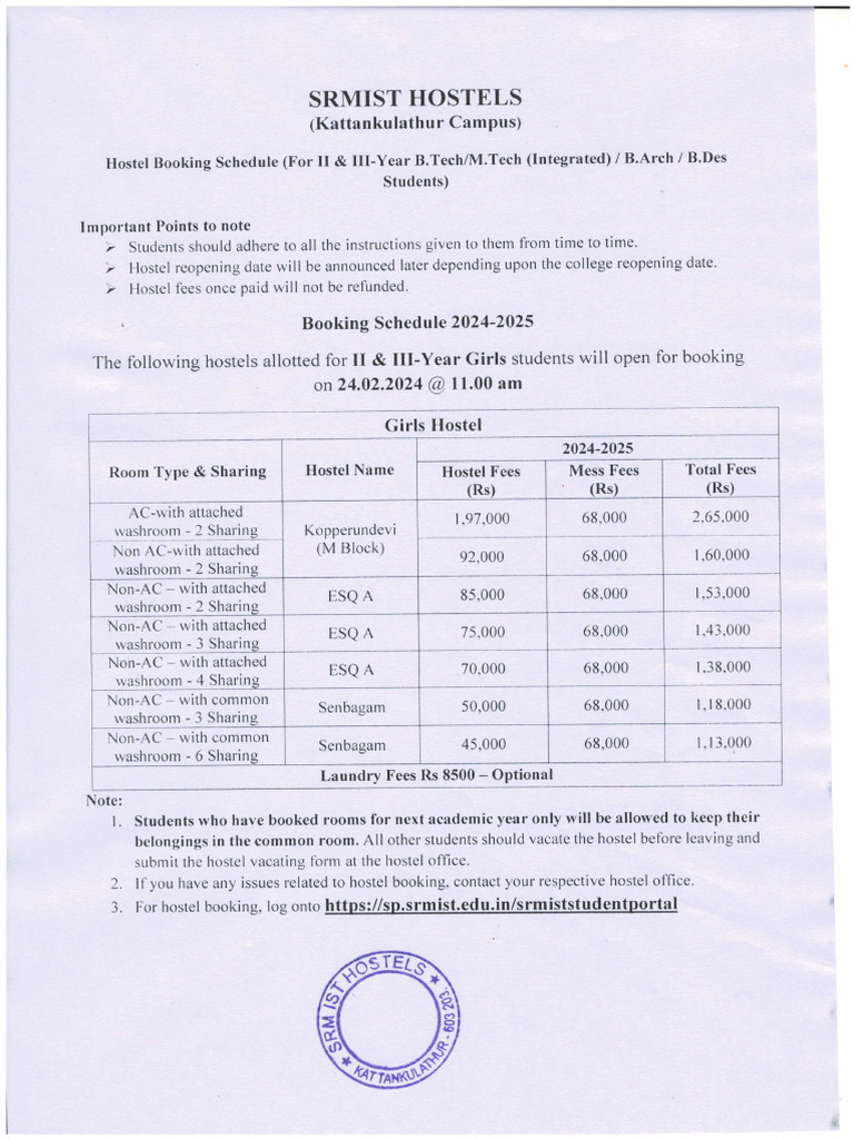 SRM Girls Hostel Fees Structure 2024-25 | PDF