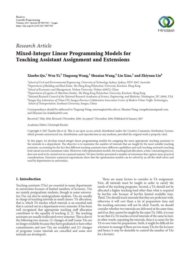 Scientific Programming - 2017 - Qu - Mixed Integer Linear Programming Models For Teaching ...