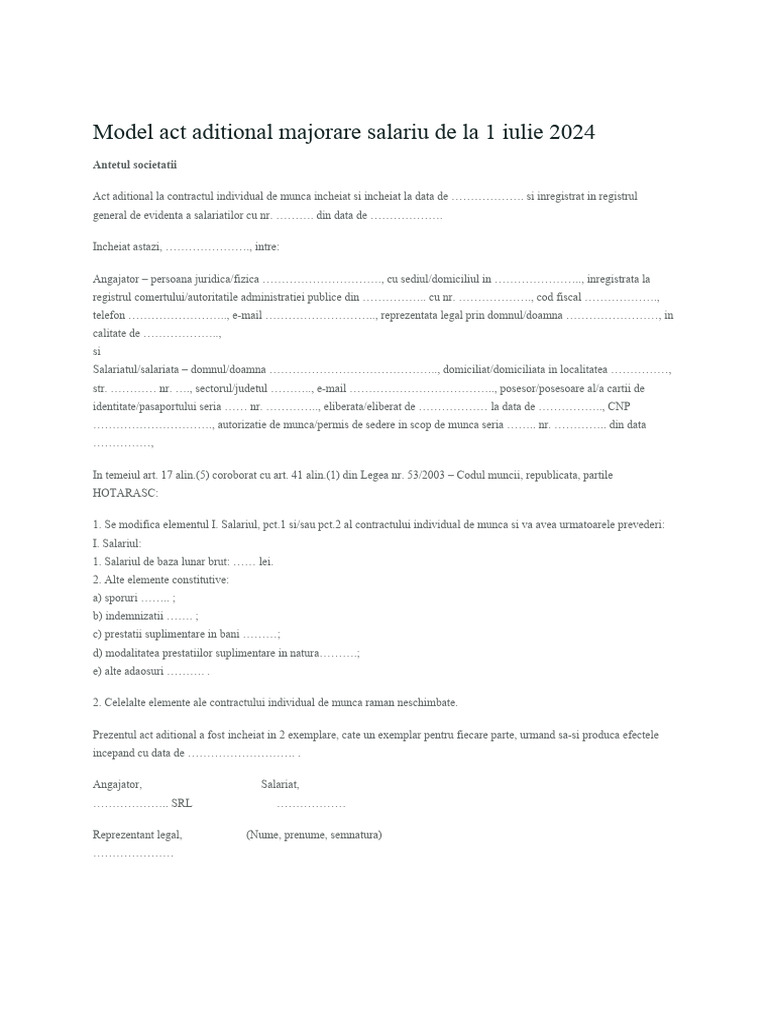 Model Act Aditional Majorare Salariu de La 1 Iulie 2024 | PDF