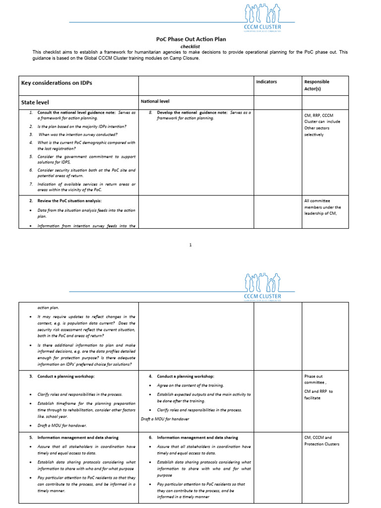 PoC Phase Out Action Plan Checklist | PDF | Internally Displaced Person