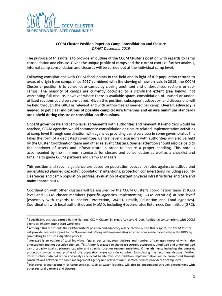 CCCM Cluster Position Paper On Camp Consolidation and Closure 16122019 | PDF | Internally ...