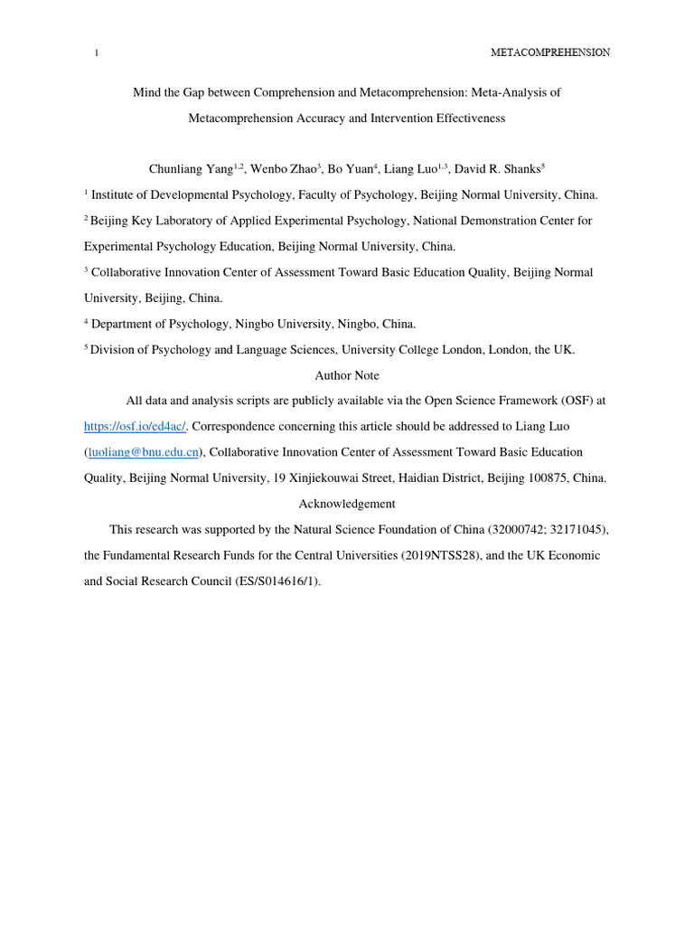 Shanks - Mind The Gap Between Comprehension and Metacomprehension - AAM | PDF | Metacognition ...