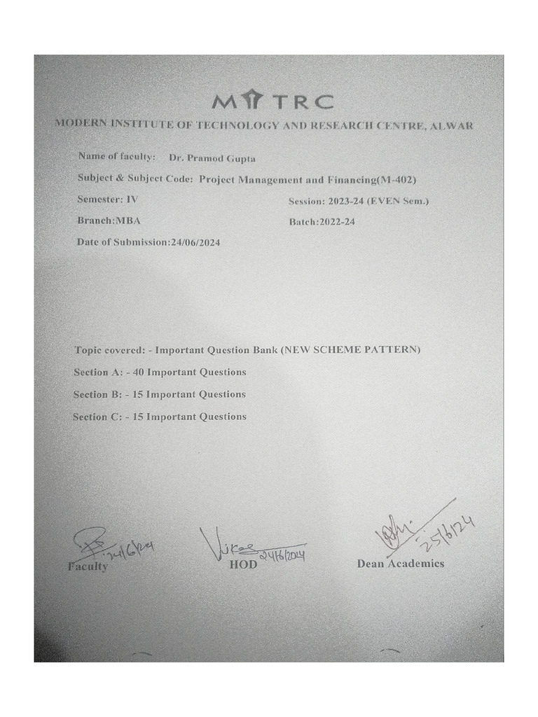 IMP Q & A-PMF-2024 | PDF | Project Management | Investing