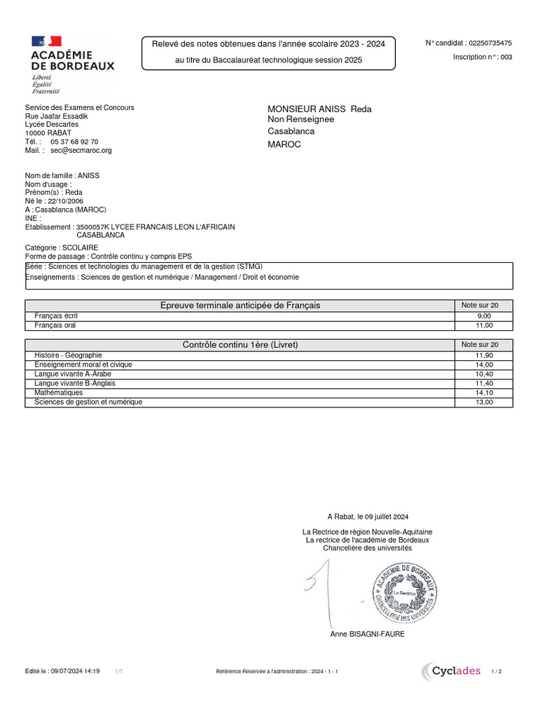 Relevé de notes Baccalauréat STMG 2024 | PDF | Science