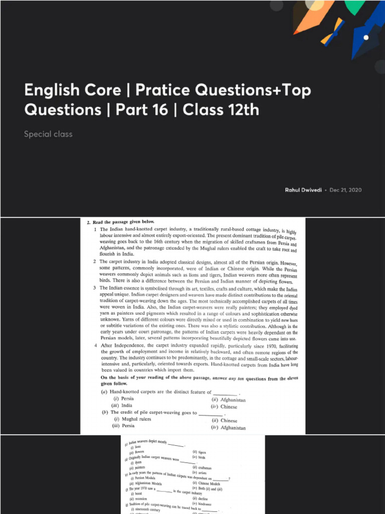 English Core Pratice QuestionsTop Questions Part 16 Class 12th No Anno | PDF