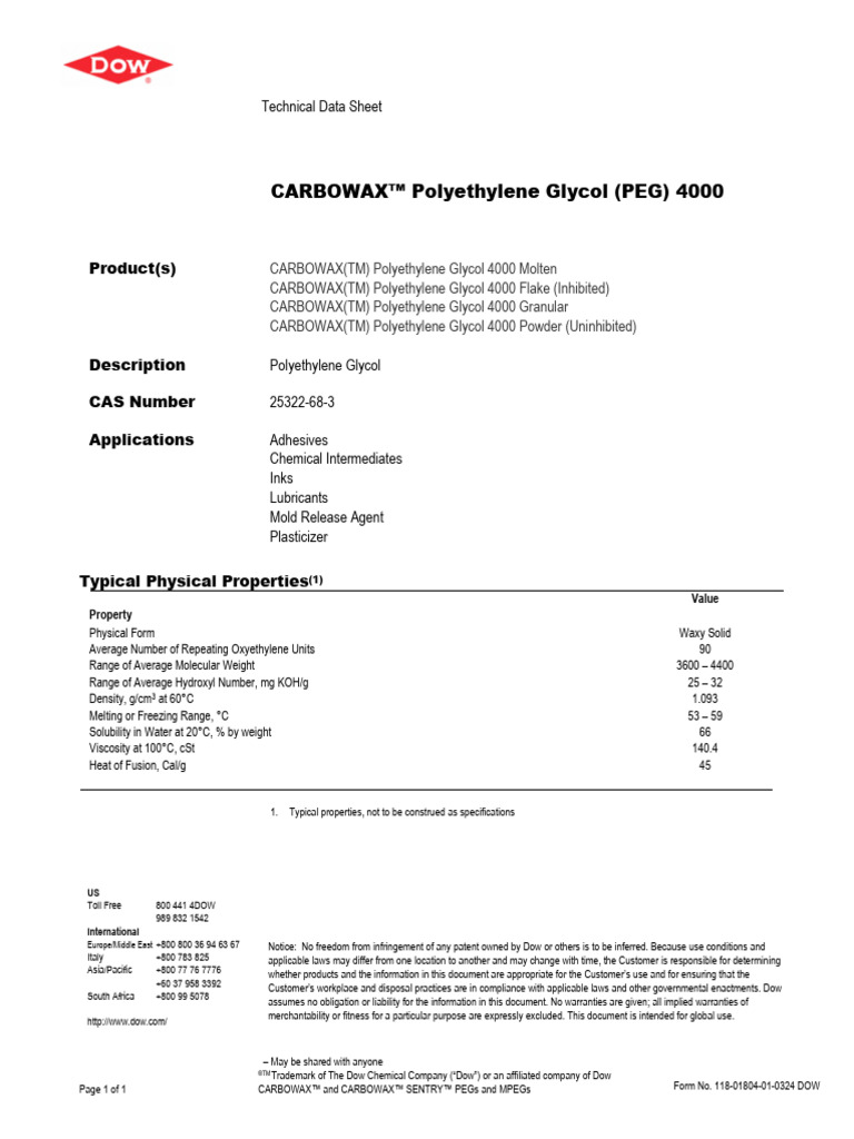118 01804 01 Carbowax Polyethylene Glycol Peg 4000 Tds | PDF ...