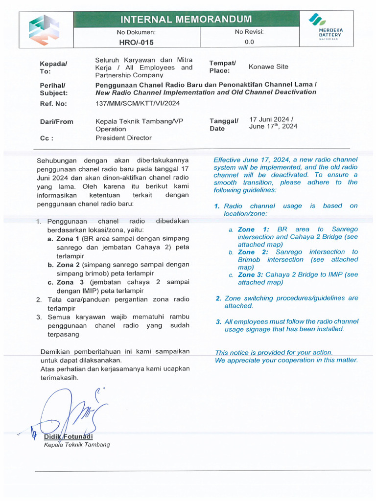 Internal Memorandum Penggunaan Channel Radio Baru | PDF