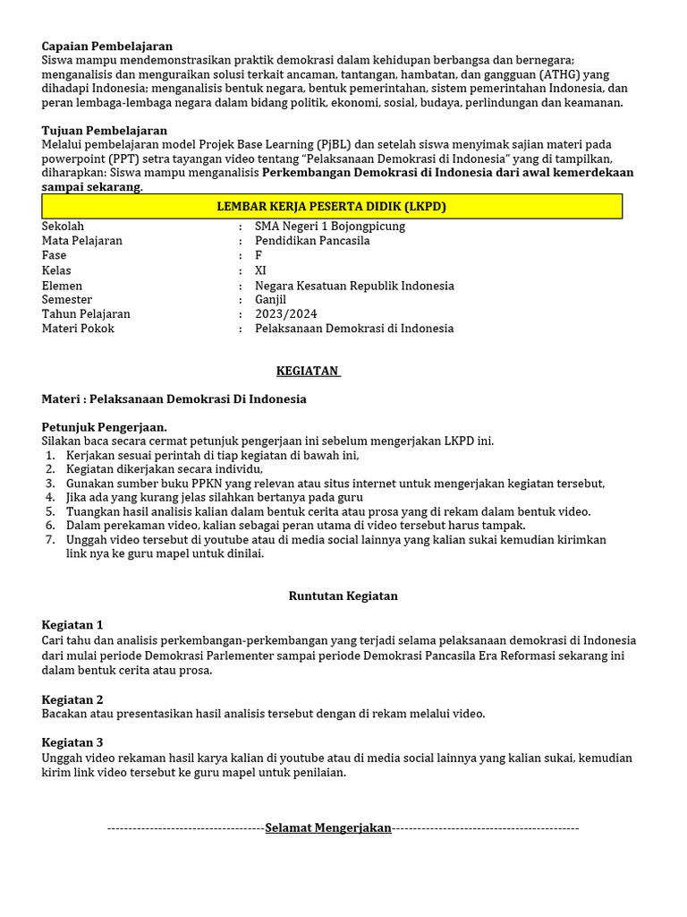 LKPD PPKN F Demokrasi | PDF