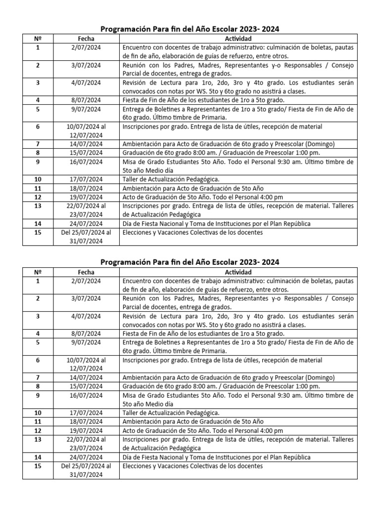 Programación Para fin del Año Escolar 2023-2024 | PDF