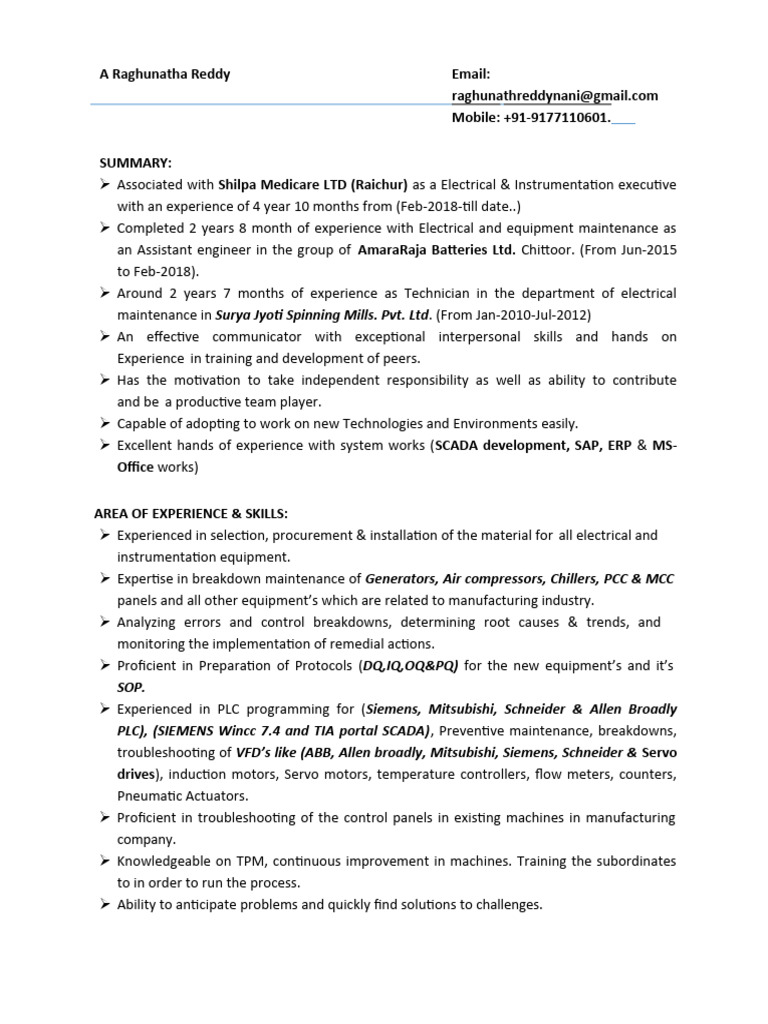 Raghu CV | PDF | Automation | Programmable Logic Controller