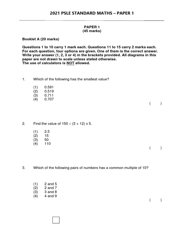 2021 PSLE Maths Paper 1 | PDF | Mathematics | Arithmetic