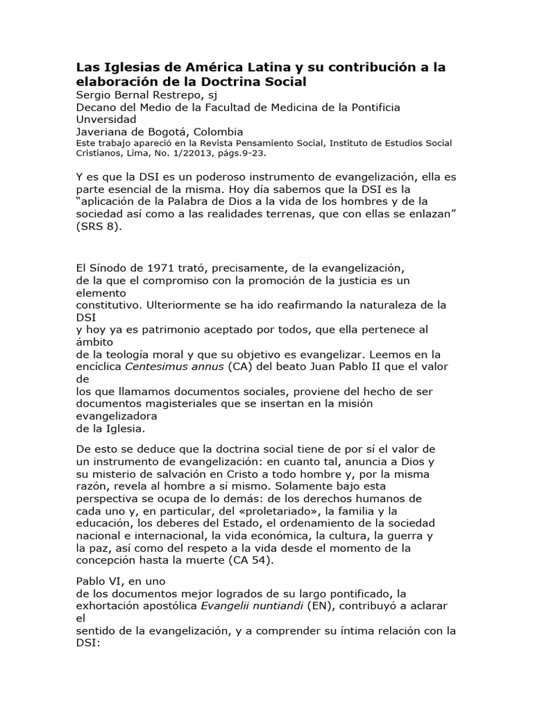 Las Iglesias de América Latina y su contribución a la elaboración de la DSI | PDF | Iglesia ...